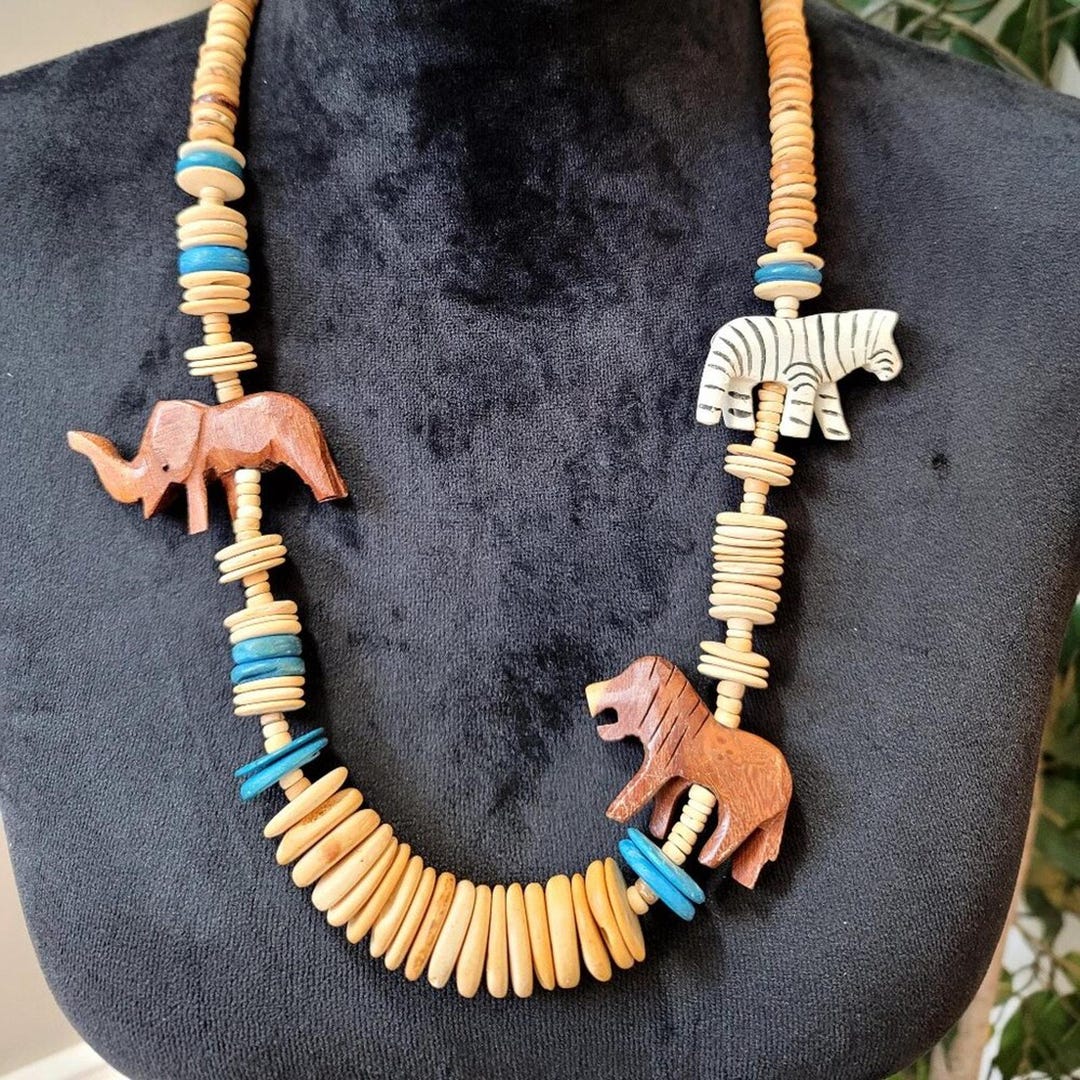 Womens Multicolor Wood African Safari Animal Necklace Jewelry With ...