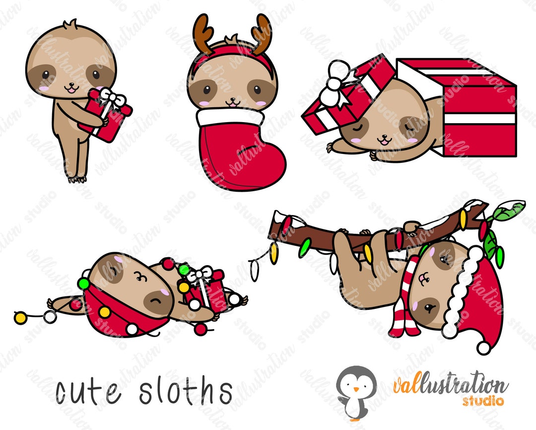Cute Christmas Sloth Clip Art, Sloth Clipart, Kawaii Sloth, Christmas ...