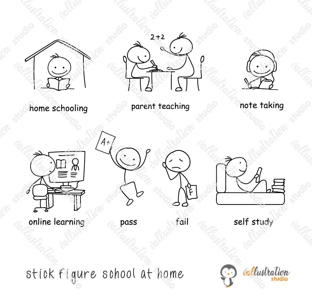Stick Figure Doodle Home School, School at Home, Study, Work, Action ...