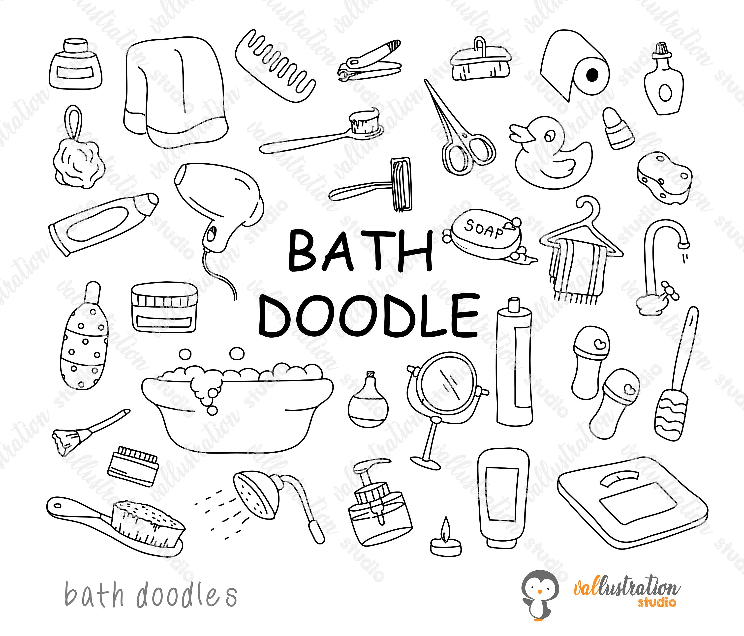 Bath Clipart, Bath Doodle, Bath, Clean, Wash, Shower, Accessories ...