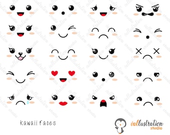 Kawaii Face Clipart, Cute Faces Clip Art Expression Happy Sad Smile Kit ...