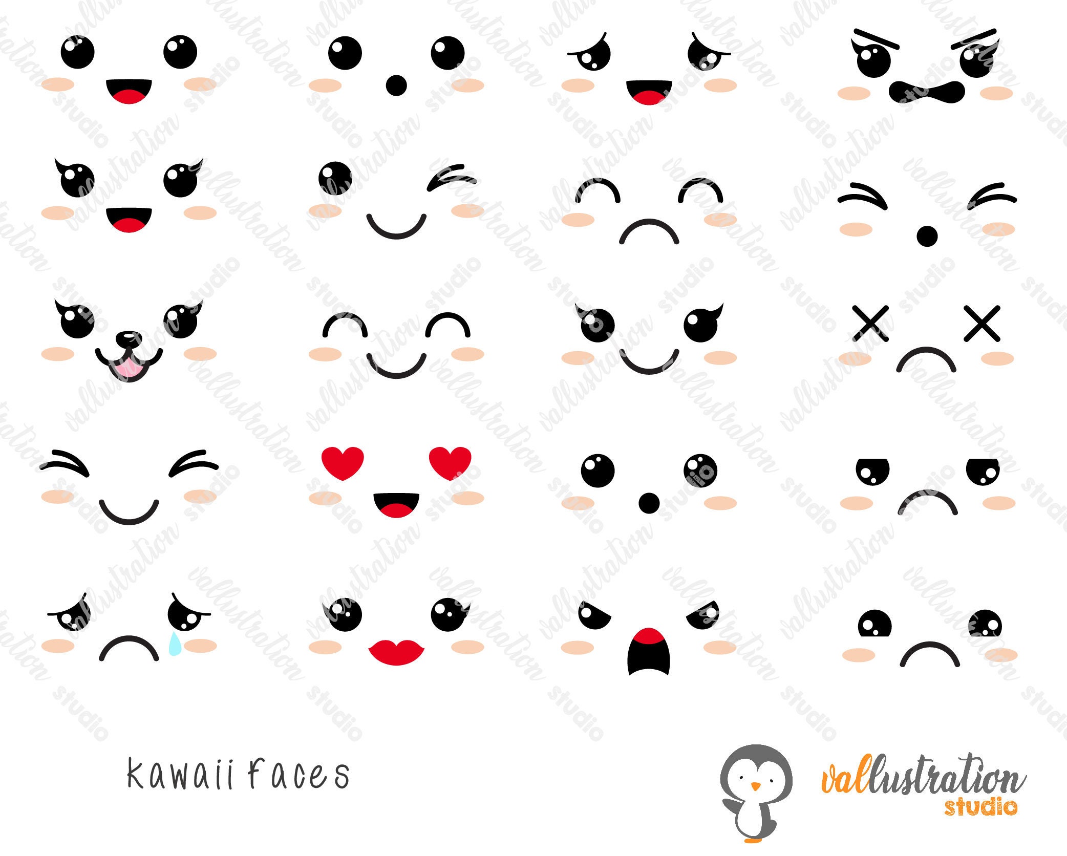 Kawaii Face Clipart, Cute Faces Clip Art Happy Sad Smile Angry Confuse ...