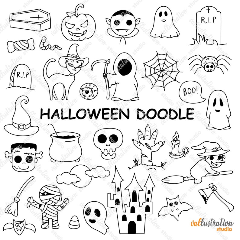 Halloween Doodle Monsters Vampire Ghost October Scary - Etsy