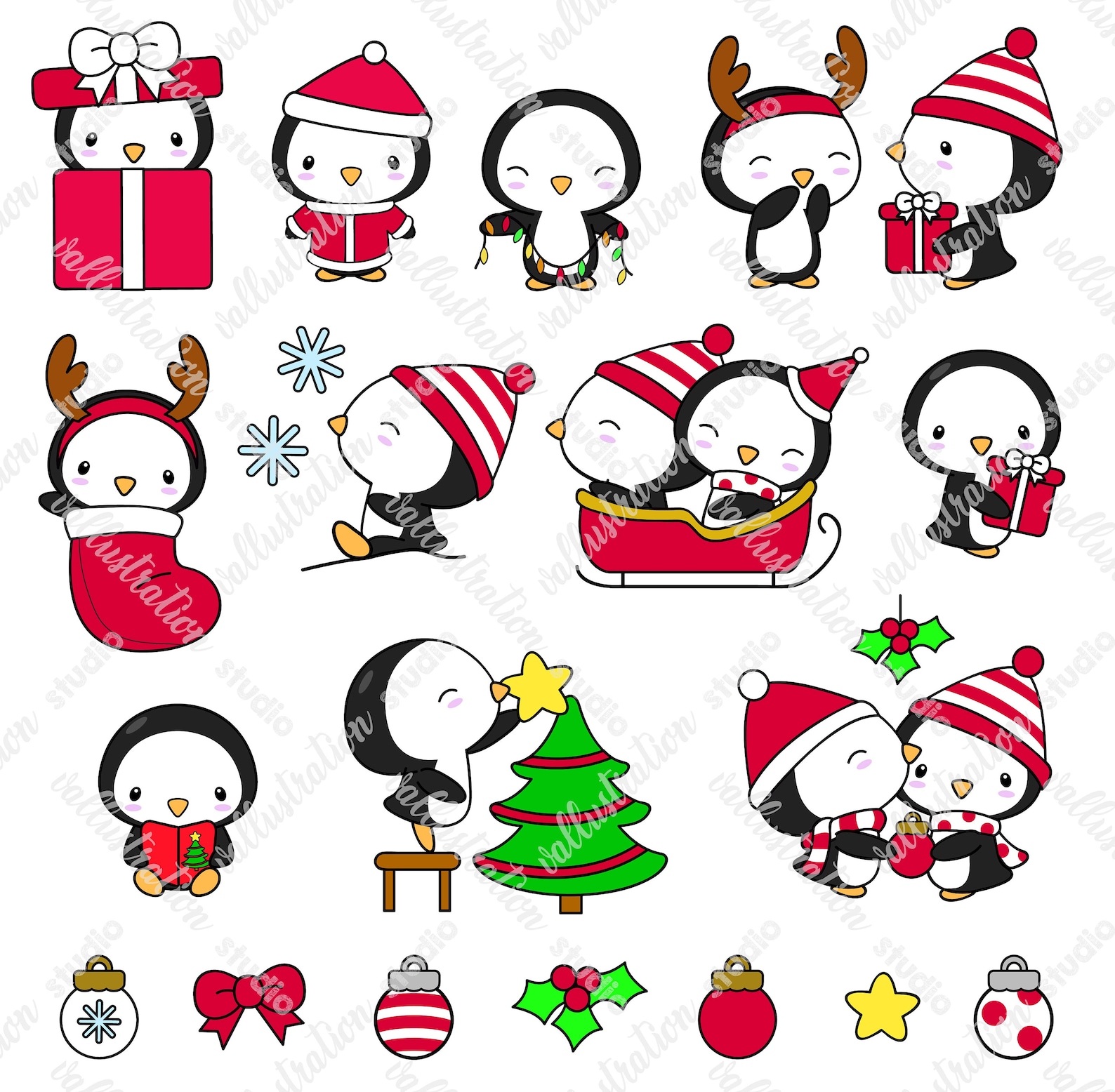 Christmas Penguins Couple Clipart, Cute Penguin Clipart, Kawaii ...