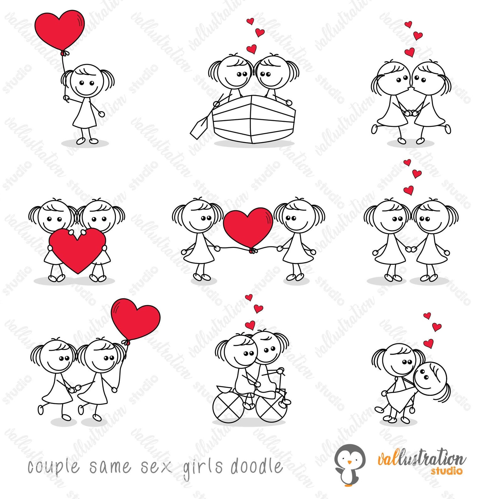 Stick Figure Same Sex Couple Girls Doodle, Wedding Clipart, Valentine ...