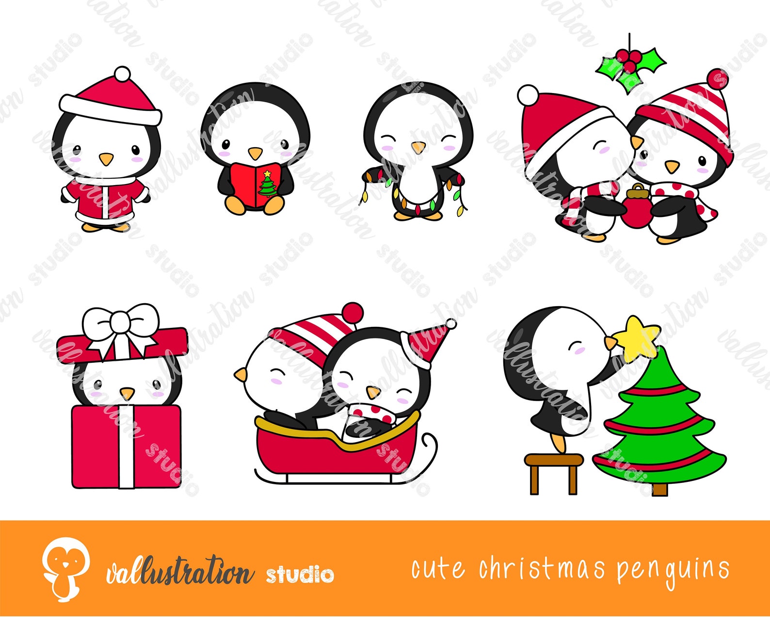 Christmas Penguins Couple Clipart, Cute Penguin Clipart, Kawaii ...