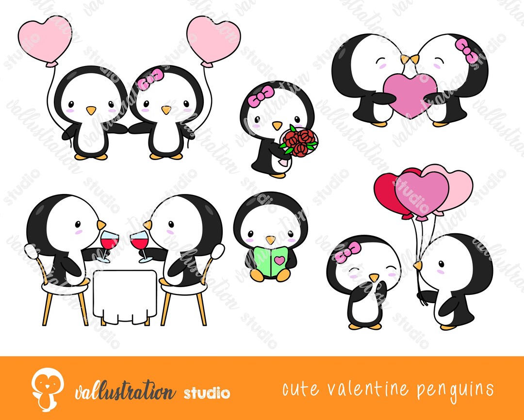 Valentine Penguins Couple Clipart, Cute Penguin Clipart, Kawaii ...