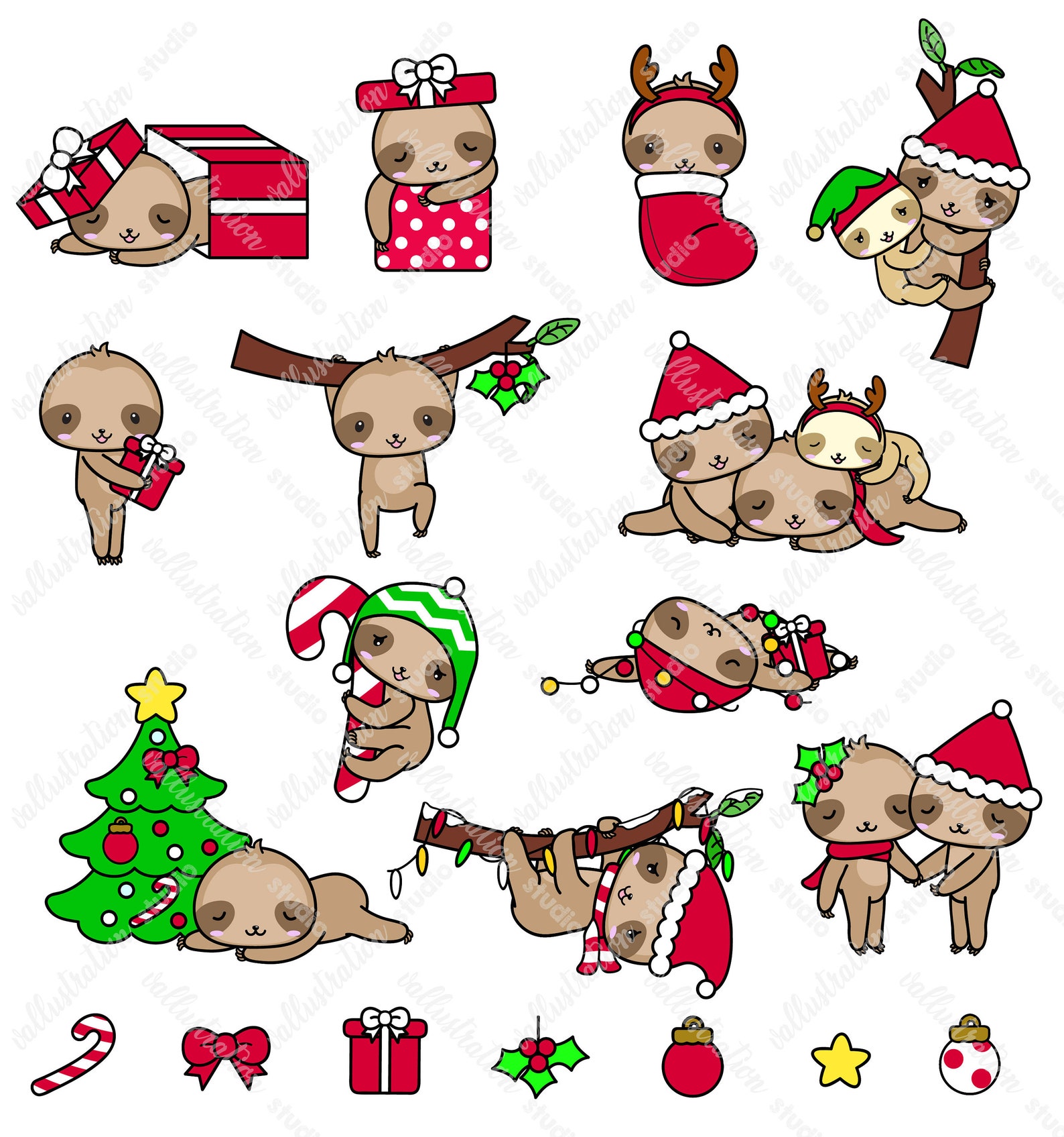 Cute Christmas Sloth Clip Art Sloth Clipart Kawaii Sloth - Etsy