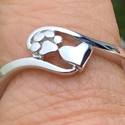 Mini Paw Print Ring With Heart in Sterling Silver Yellow Gold - Etsy