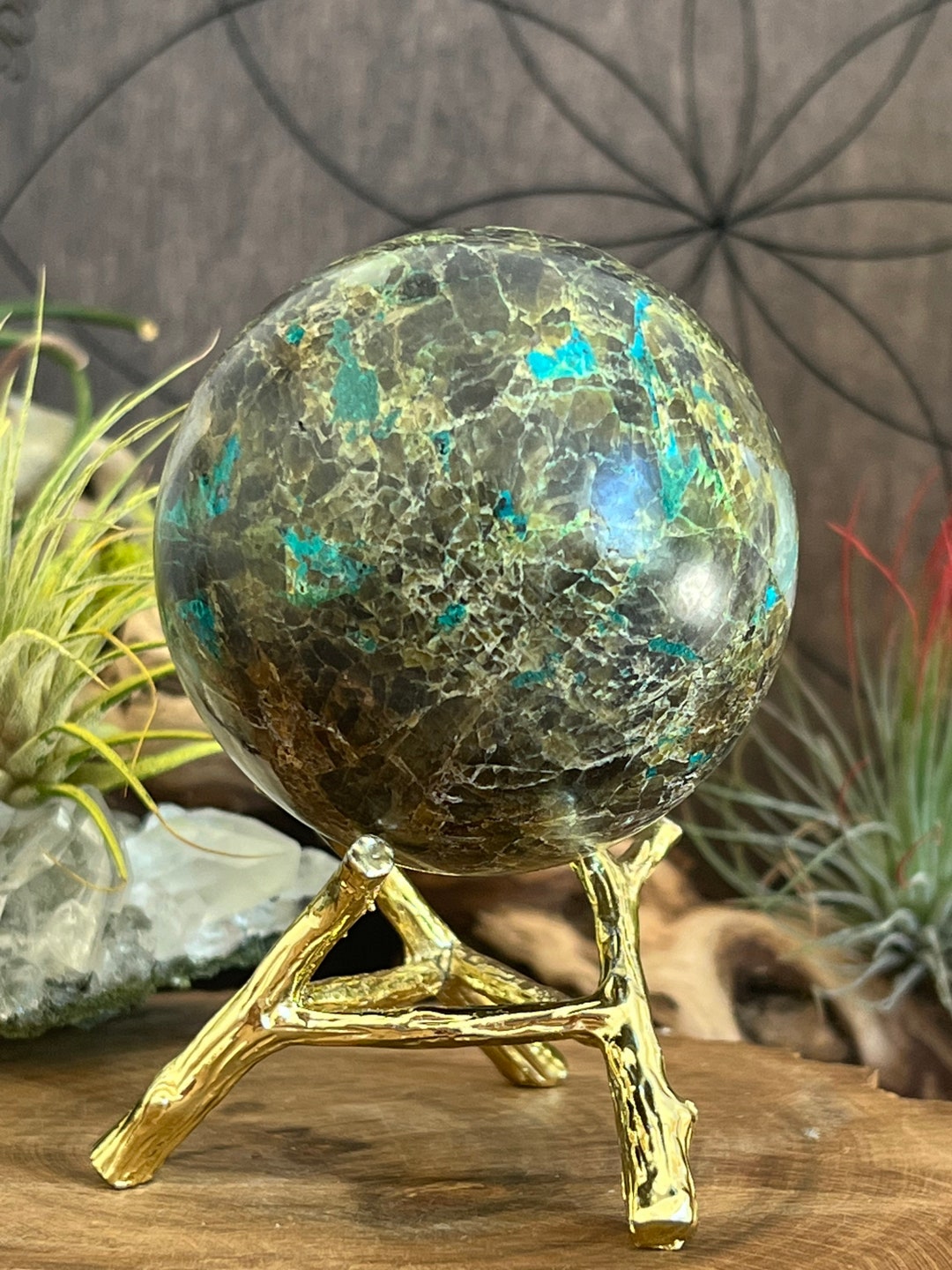376g Chrysocolla Epidote Quartz Sphere With Garnet Inclusion, Healing ...