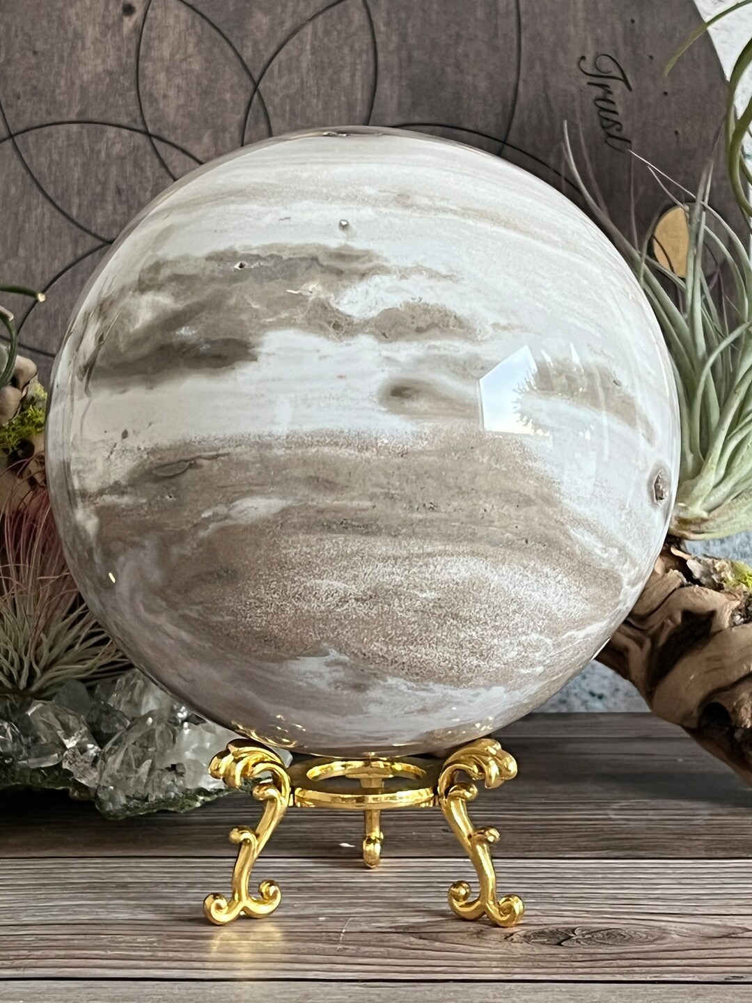 Large Earthy Color Ocean Jasper Sphere With Sparkling Pockests, Statement Sphere, Orbicular ...