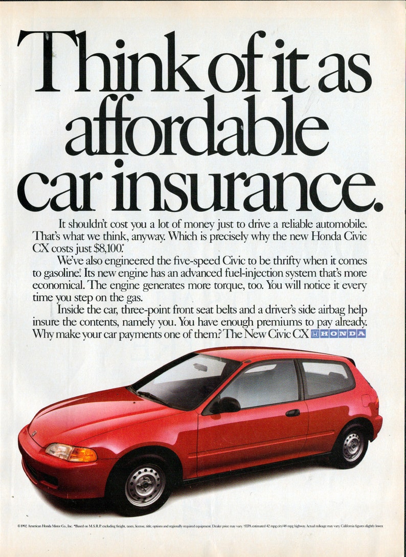 1992 Honda Civic CX Cheap Insurance Original Magazine Ad - Etsy