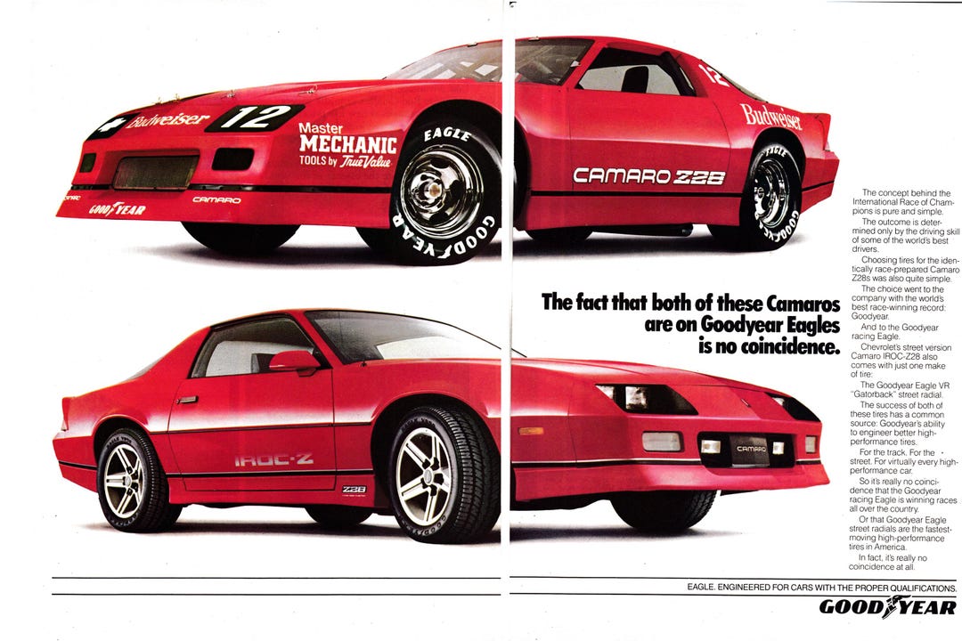 1985 Chevrolet Camaro IROC Z-28-red-goodyear Original 2 Page Magazine ...