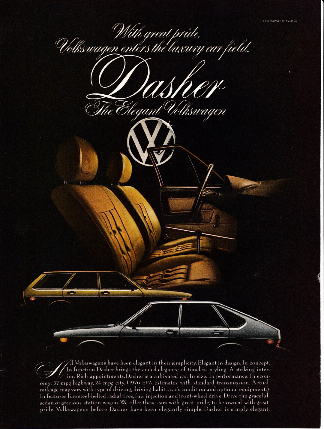 1976 VW Dasher the Elegant Volkswagen Original Magazine Ad- Luxury Car ...