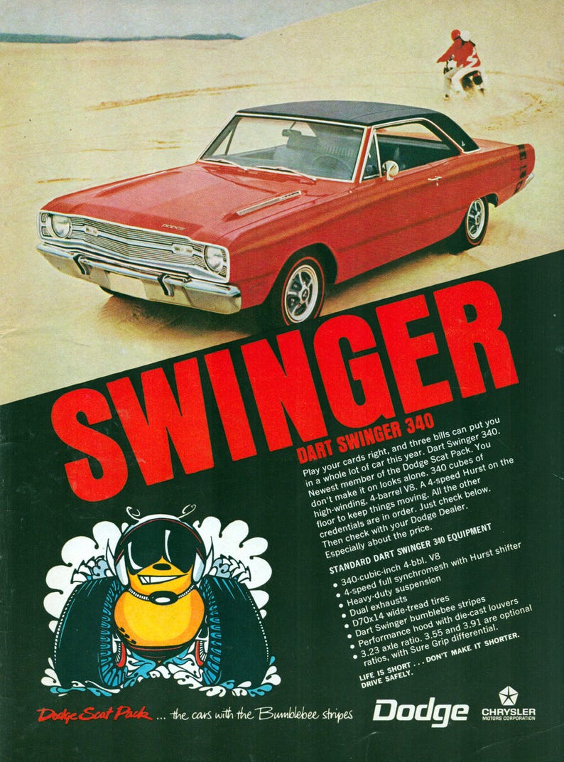 1968 Dodge Dart Swinger 340 Red-scat Pack-bumblebee Stripes-original ...