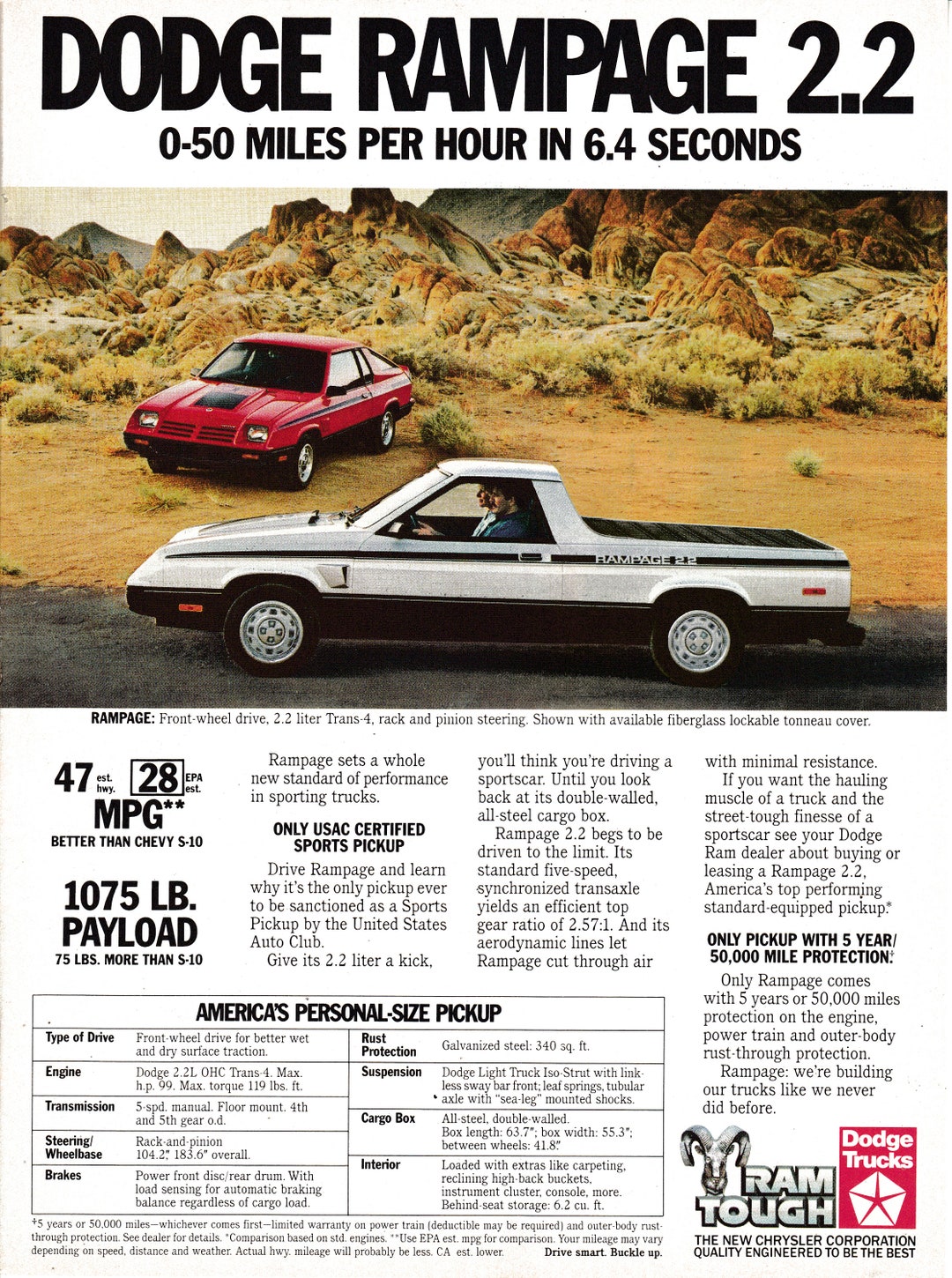 1983 Dodge Rampage 2.2 Sports Pickup Truck Original Magazine Ad - Etsy