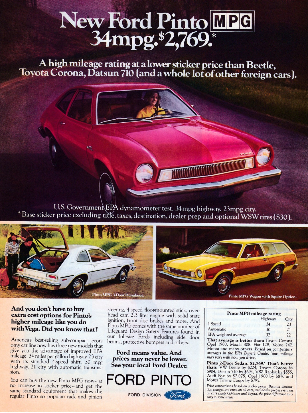 1975 Ford Pinto Runabout + Wagon Starting at 2,769 - 34 Mpg-original ...