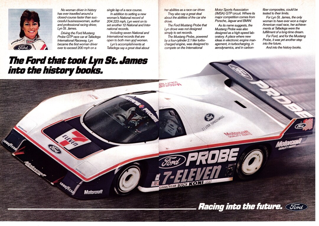 1986 Lyn St James Ford Mustang Probe Original 2 Page Magazine Ad ...