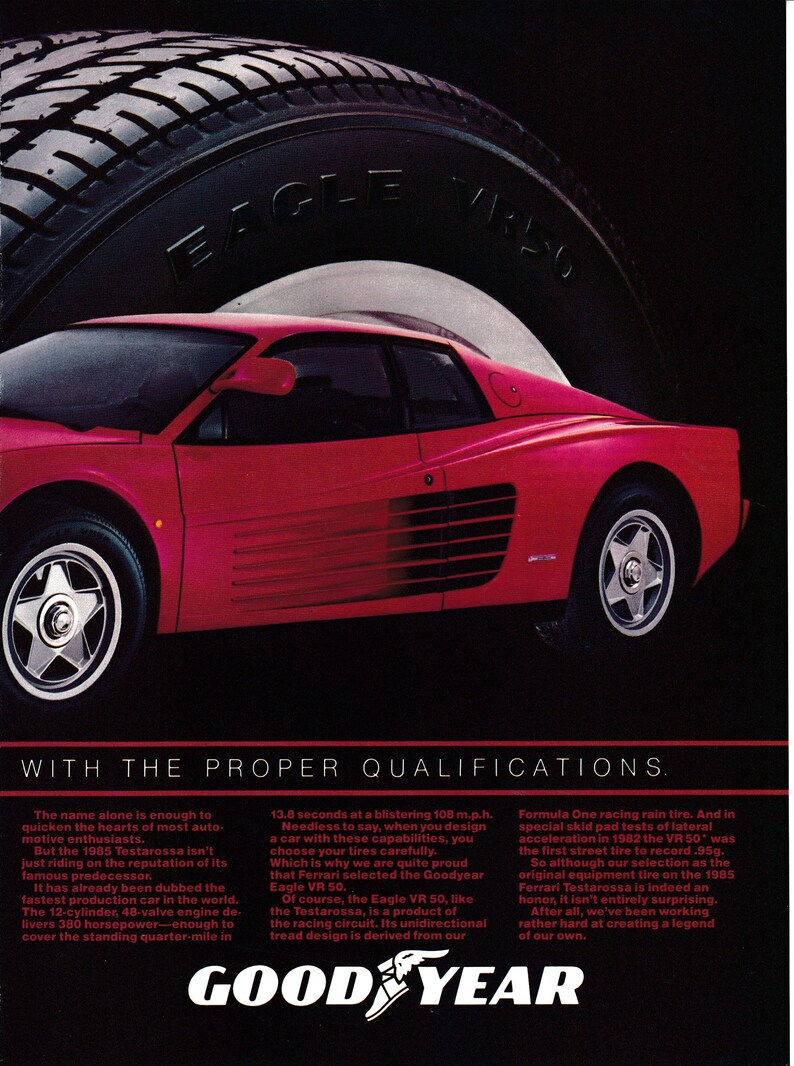 1985 Ferrari Testarossa the Legend Goodyear Tire Original 2 - Etsy