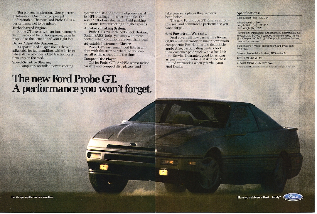 1988 Ford Probe GT Original 2 Page Magazine Ad-performance You Won't ...
