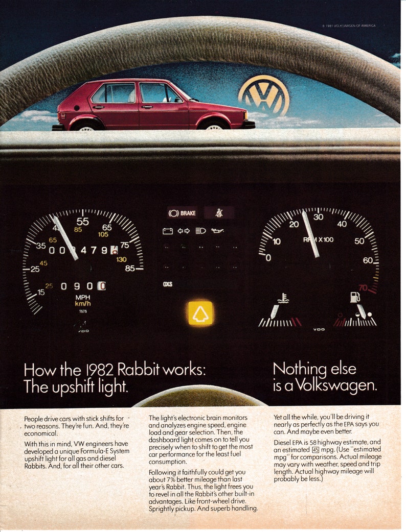1981 VW Rabbit Up-shift Dashboard Light Original Magazine Ad - Etsy