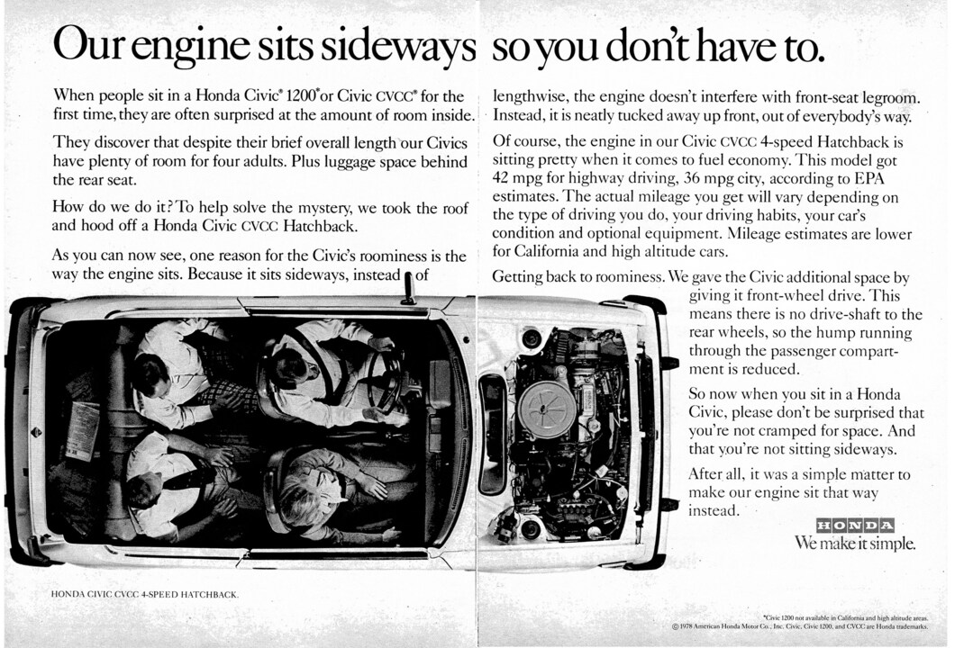 1978 Honda Civic CVCC Hatchback Cutaway Sideways Engine Original 2 Page ...