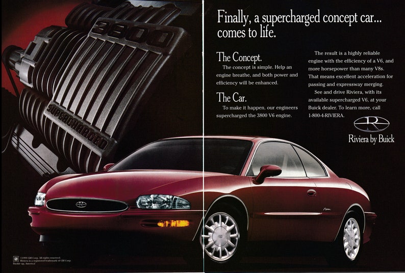 1994 Buick Riviera Red Supercharged V-6 Original 2 Page | Etsy
