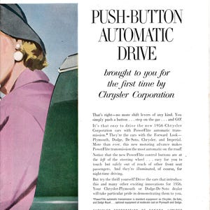 1955 Chrysler Push Button Auto Drive Interior Original 2 Page Magazine ...