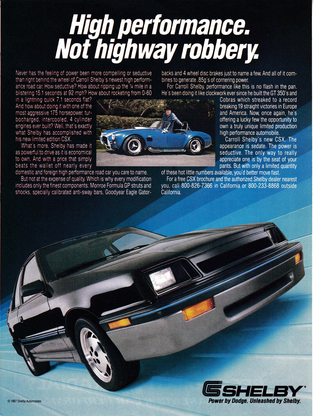 1987 Shelby CSX Dodge 175 Hp 0-60 7.1 Seconds Original Magazine Ad - Etsy