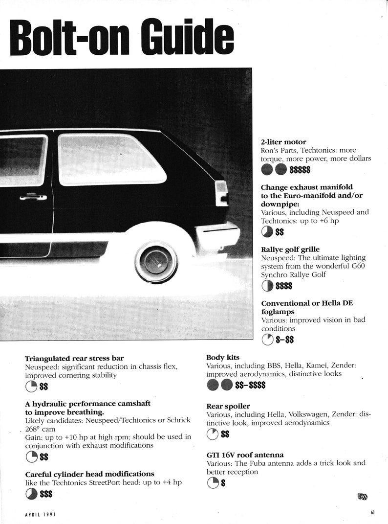 1991 VW Golf Jetta Bolt-on Guide Volkswagen Original 2 Page - Etsy