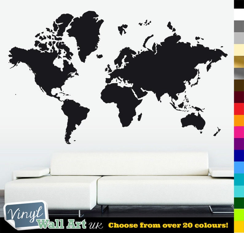 HUGE World Map Vinyl Wall Art Sticker Decal - Available in 24+ Colours ...