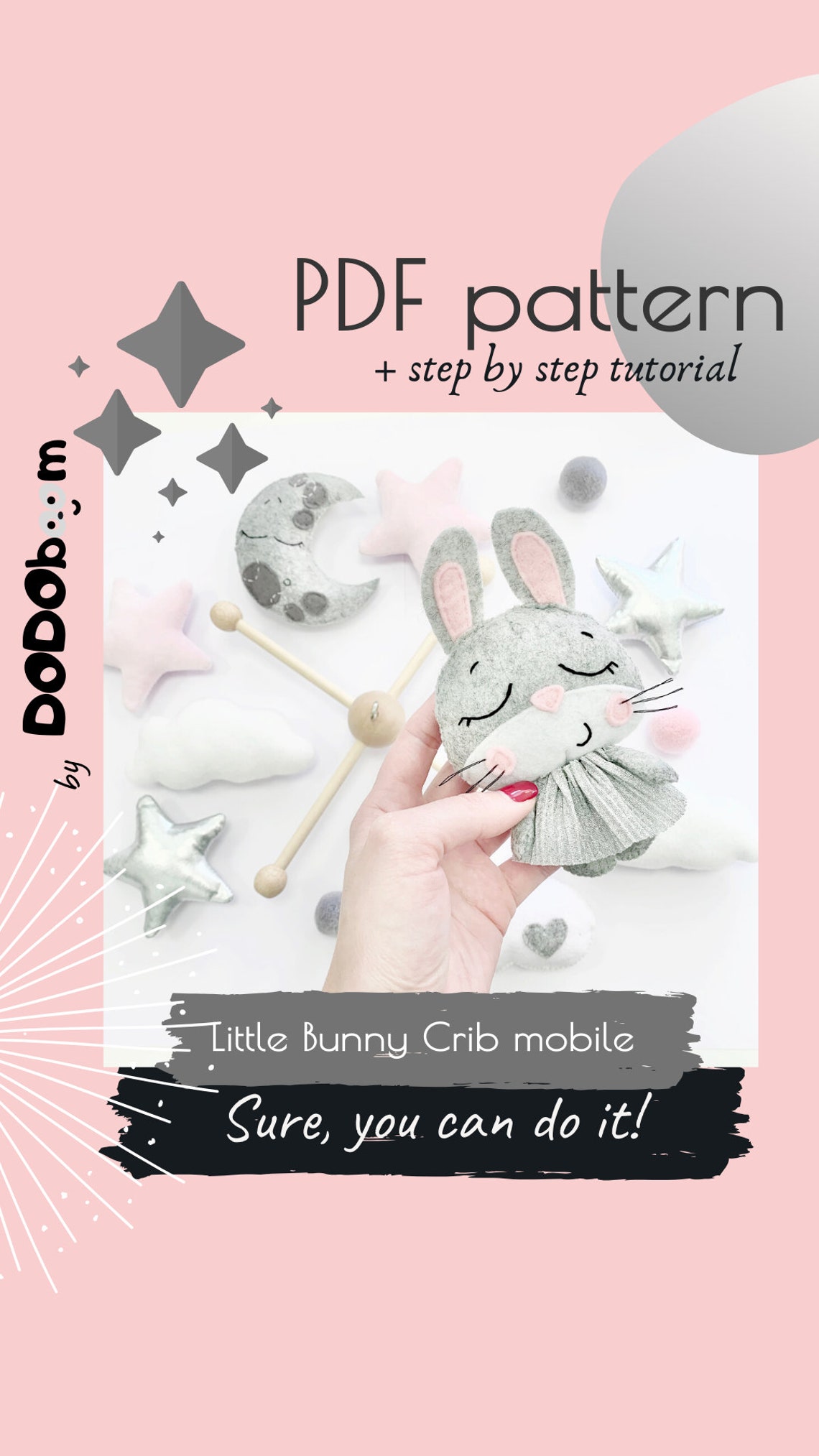 Gray Crib Mobile Pattern Bunny Mobile Diy Stuffed Rabbit - Etsy