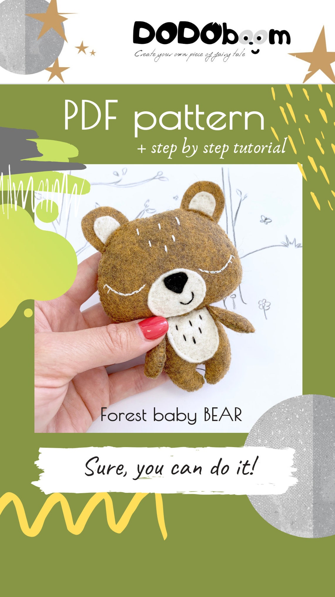 Felt Bear Pattern Felt Bear Diy Felt Bear Pdf Felt Woodland | Etsy