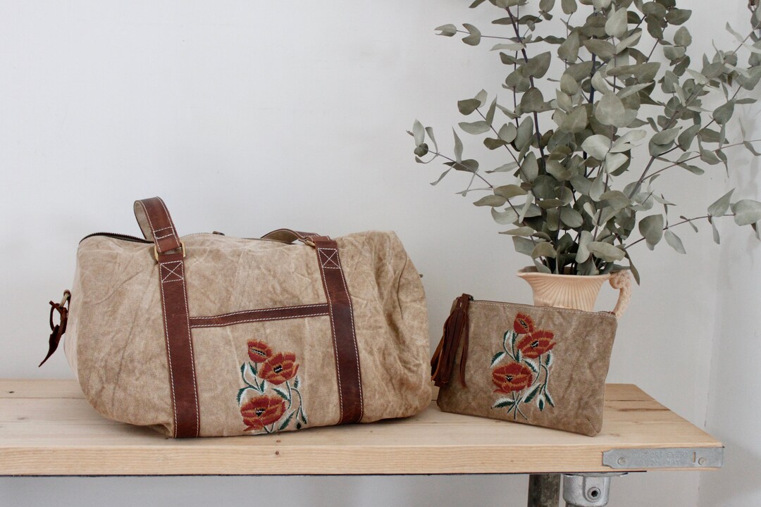 Canvas Weekend Bag Travel Set, Embroidered Duffel Bag, Sunflower Bag ...
