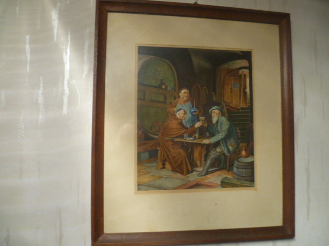 Hunter Monk and Innkeeper Drinking in the Wine Cellar, Watercolor ...