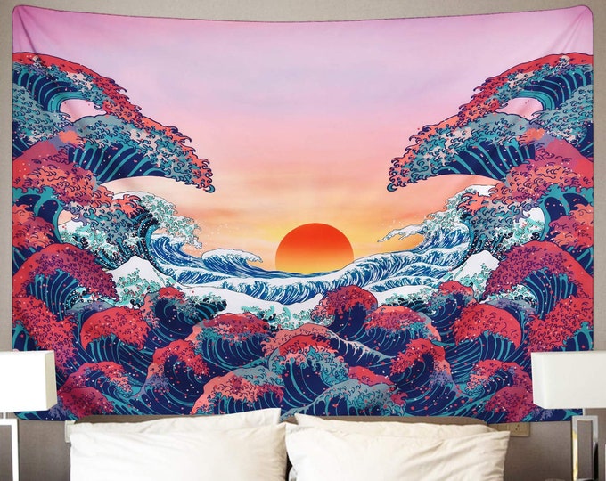 Ocean Wave Tapestry, Backdrop, Great Wave Tapestry, Cherry Blossom ...