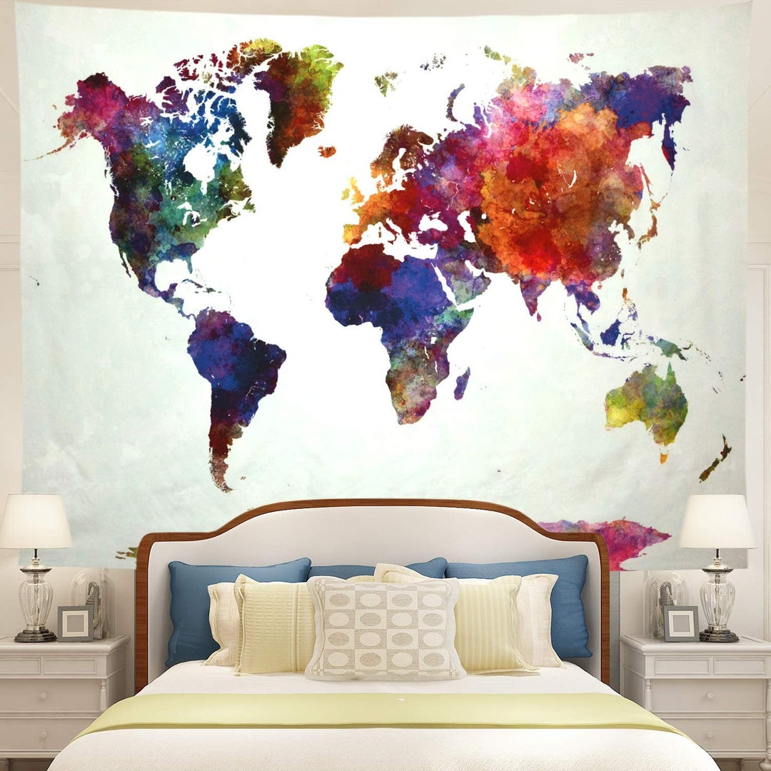World Map Tapestry, Watercolor World Tapestry, Abstract Map Tapestry ...