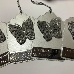 BUTTERFLY Gift Tags X 4 Large Luxurious Shiny Silver HANDMADE Thinking ...