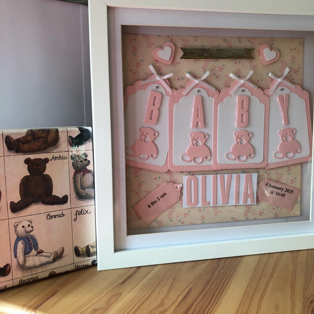 Personalised New Baby Shadow Box Frame Pink White Theme Unique Gift ...