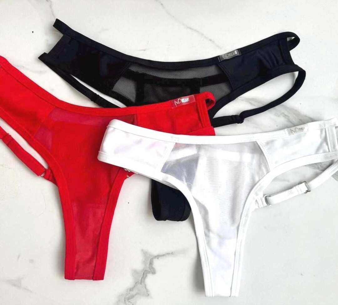 String Lingerie Set of 3 Strappy Thong With Adjustable Straps Black Red ...