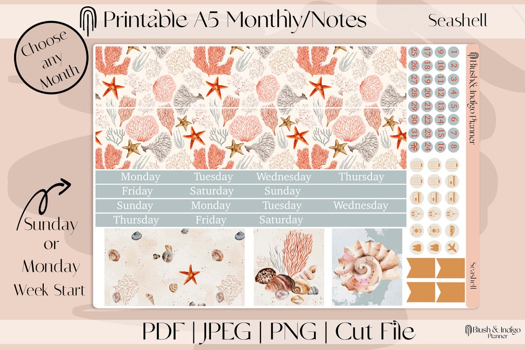SEASHELL Printable A5 Monthly and Dashboard Planner Stickers Erin ...