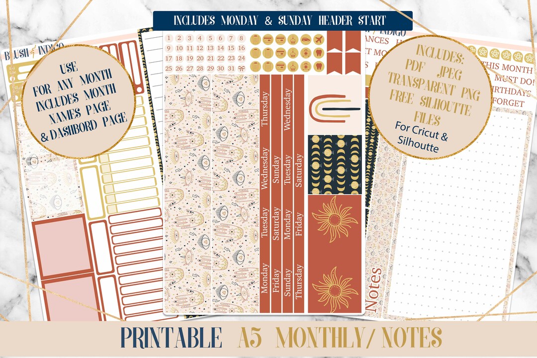 Boho Chic Printable A5 Monthly and Dashboard Planner Stickers Erin ...