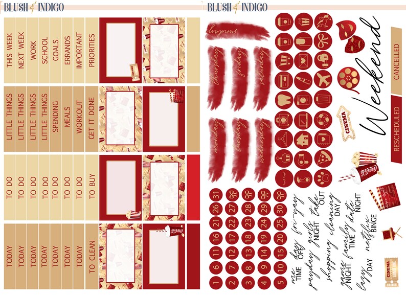 Movie Night Printable Planner Stickers, Printable Weekly Stickers Kit ...