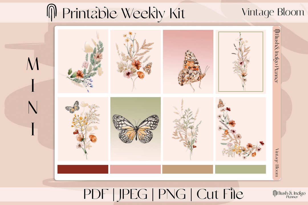 Vintage Bloom Mini-7"x9" Printable Planner Stickers,vertical Weekly ...