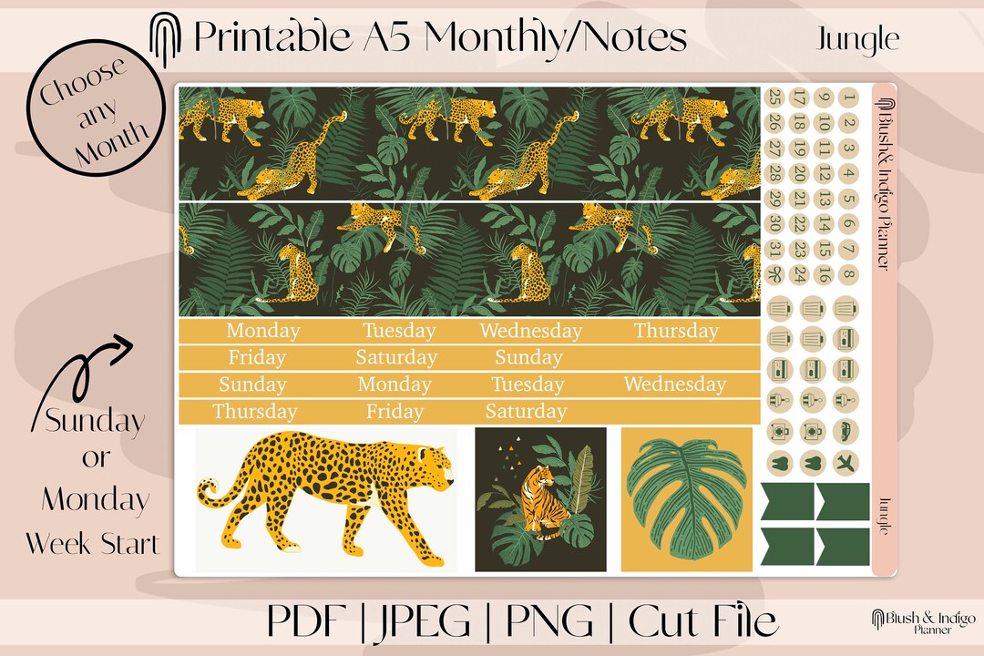 JUNGLE TIGER | Printable A5 Monthly and Dashboard Planner Stickers ...