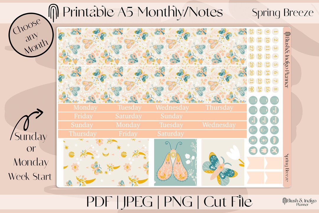 SPRING BREEZE | Printable A5 Monthly and Dashboard Planner Stickers ...
