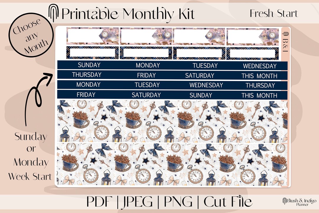 Fresh Start Printable Planner Stickers, Printable Monthly Stickers Kit ...