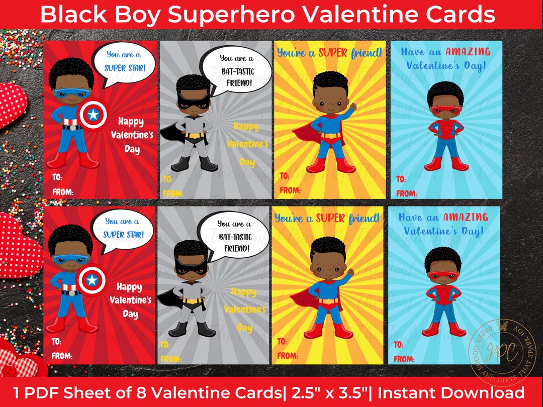 Black Boy Superhero Valentine's Day Cards, Superhero Valentines, Party ...