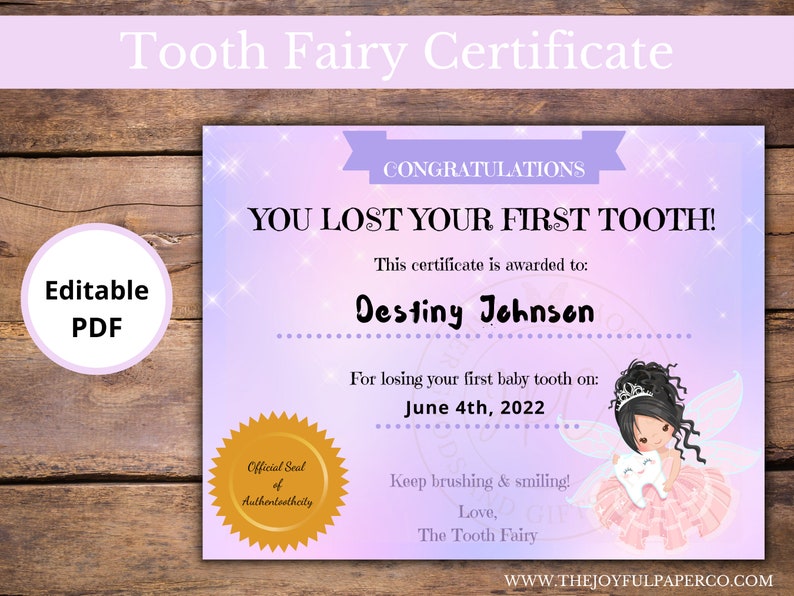 Editable Tooth Fairy Certificate Tooth Fairy First Tooth - Etsy