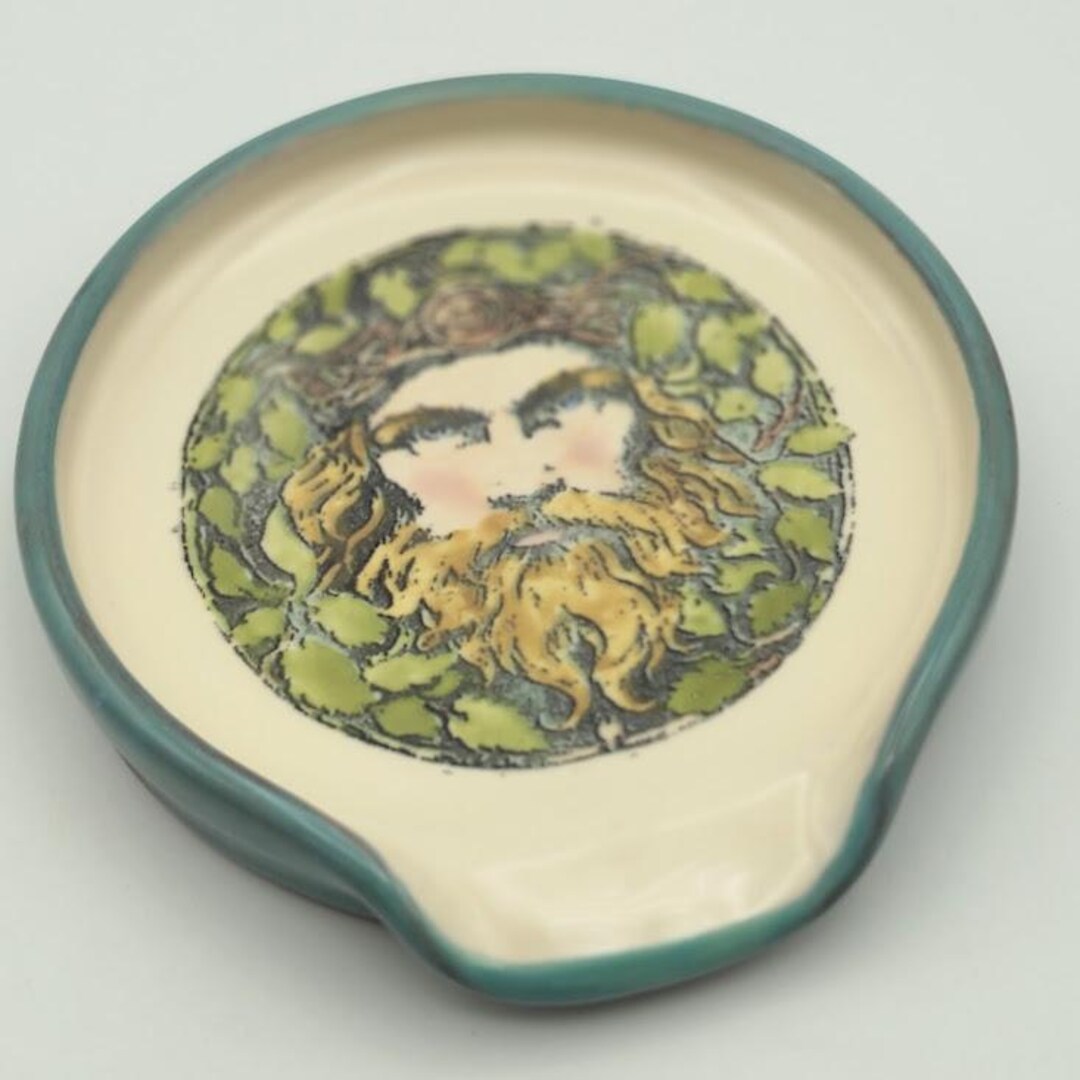 Green Man Pottery Spoon Rest, Celtic Kitchen Decor, Handcrafted Ceramic ...